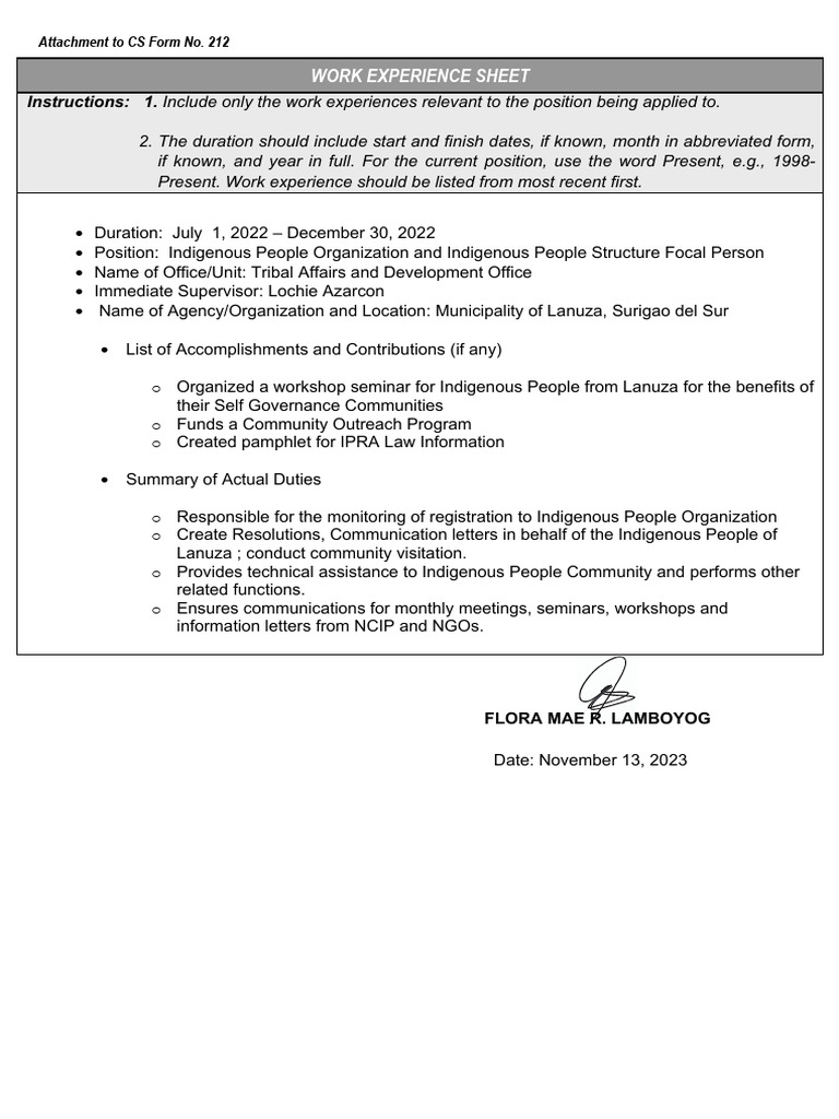 CS Form No. 212 Attachment - Work Experience Sheet | PDF