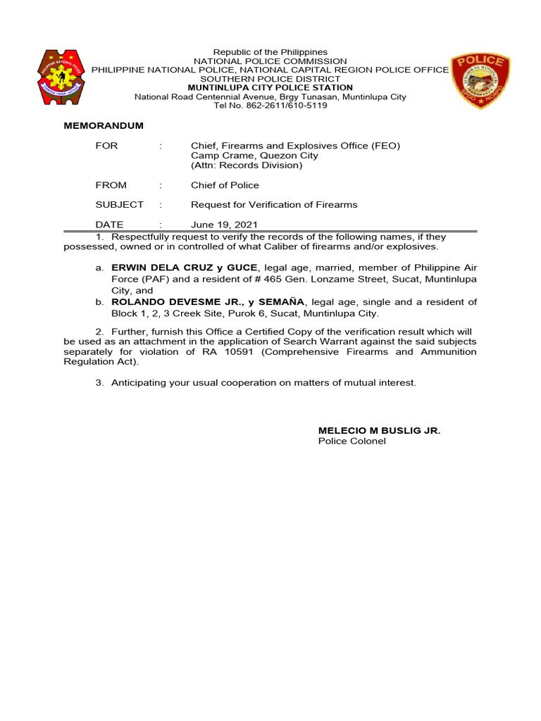 SAMPLE MEMO For Request | PDF | Affidavit | Public Law
