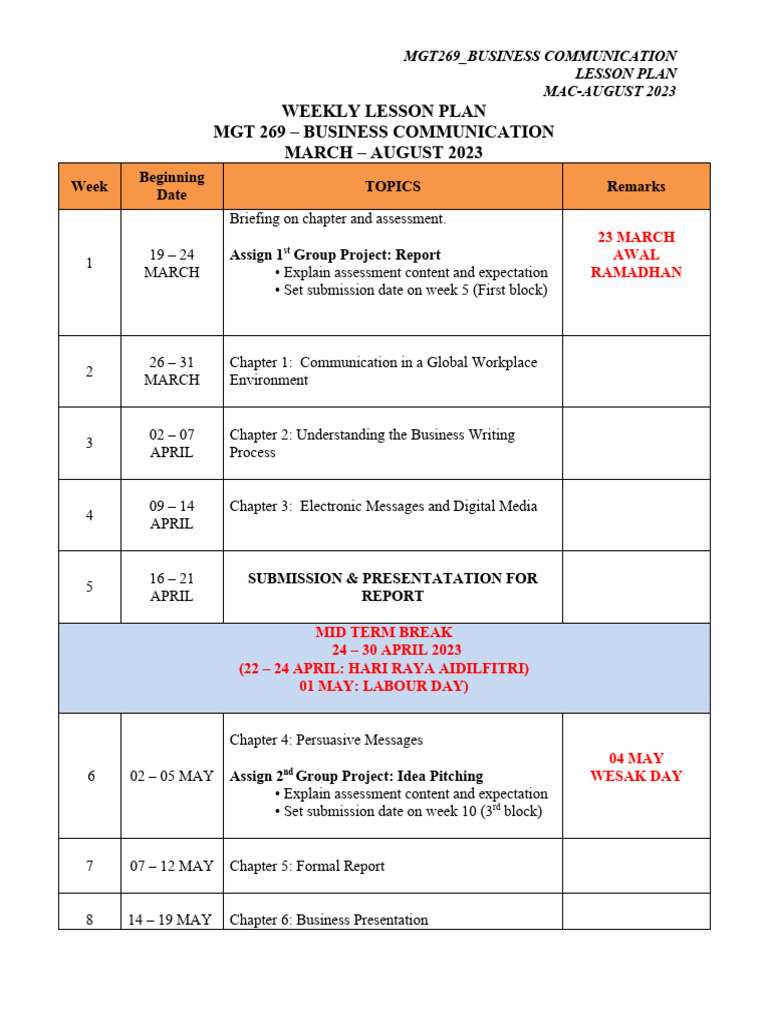 04 MGT269 Lesson Plan (Provided by RP) | PDF