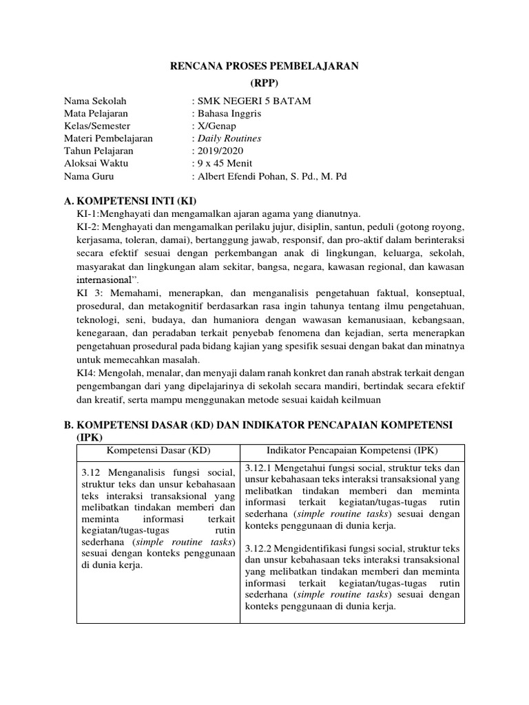 RPP Materi Daily Routine | PDF