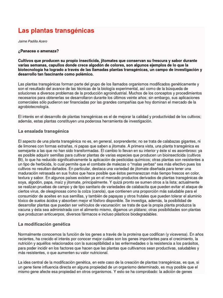 Las Plantas Transgénicas | PDF | Organismo genéticamente modificado ...