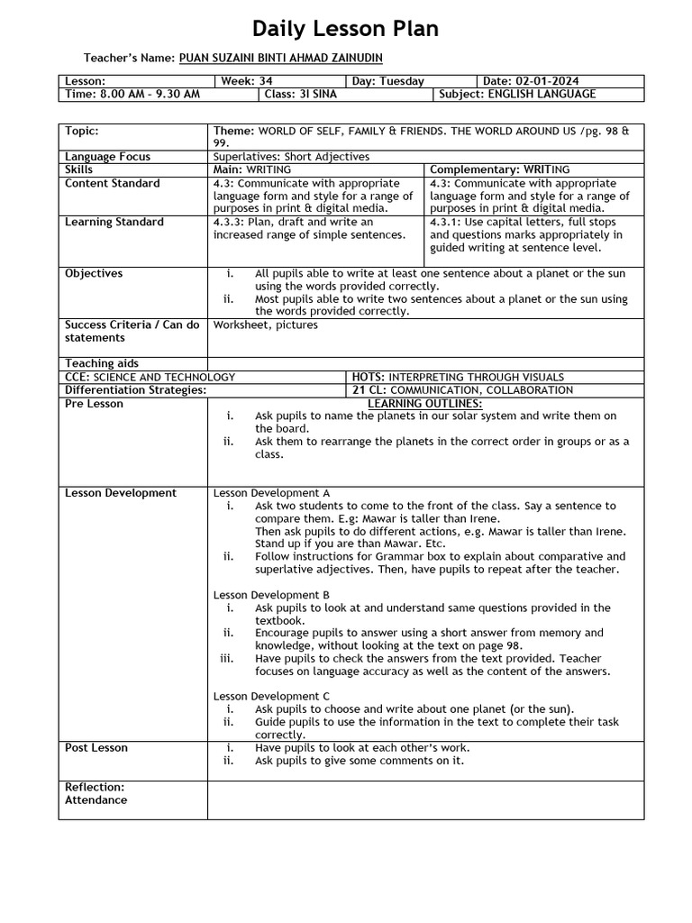 RPH - 3isina 2024 | PDF | Teachers | Lesson Plan