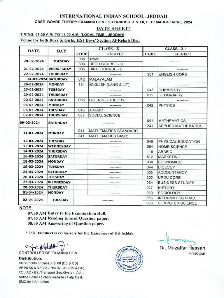 Date Sheet-CBSE Board Exams For Grades X & XII - Feb-Mar-Apr-2024 ...