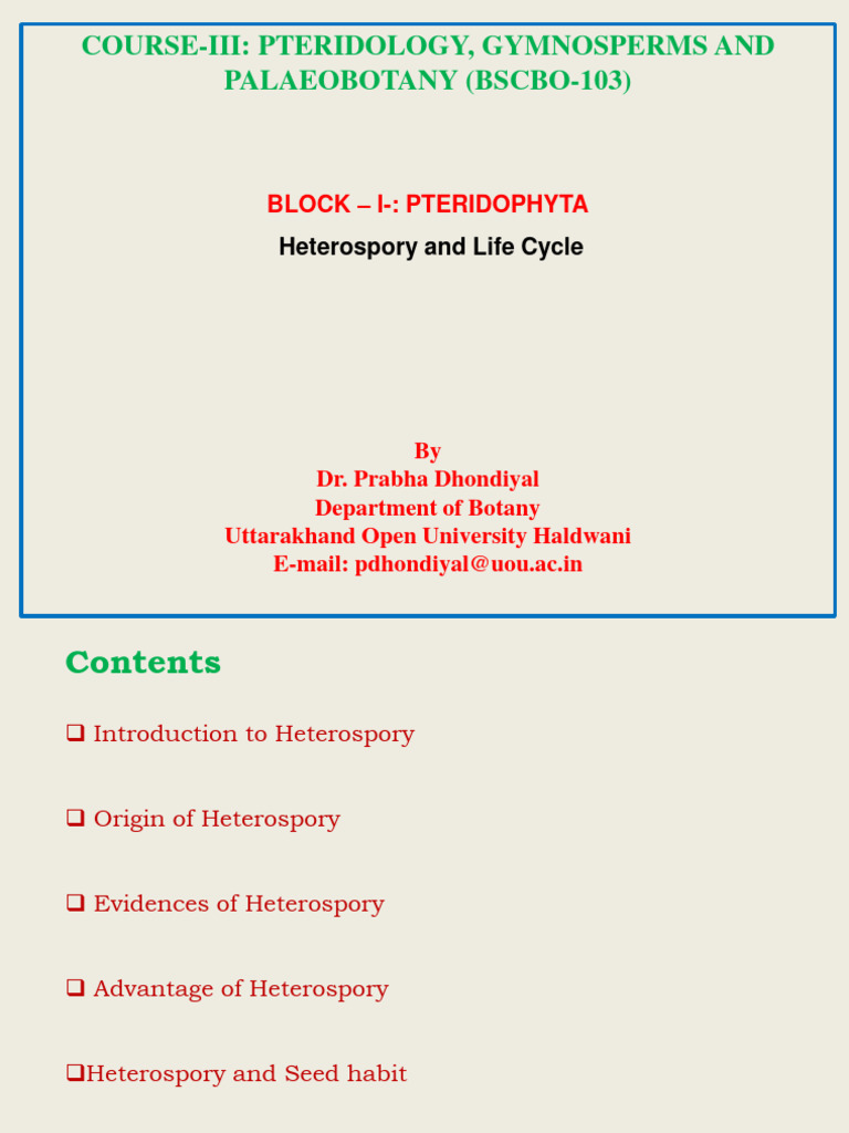 Heterospory & Life Cycle (BSCBO-103) by Dr. Prabha Dhondiyal | PDF