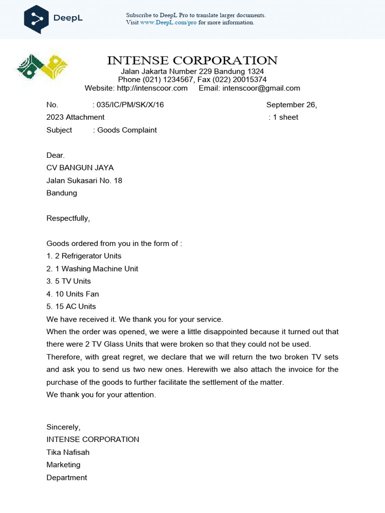 Surat Komplain en | PDF