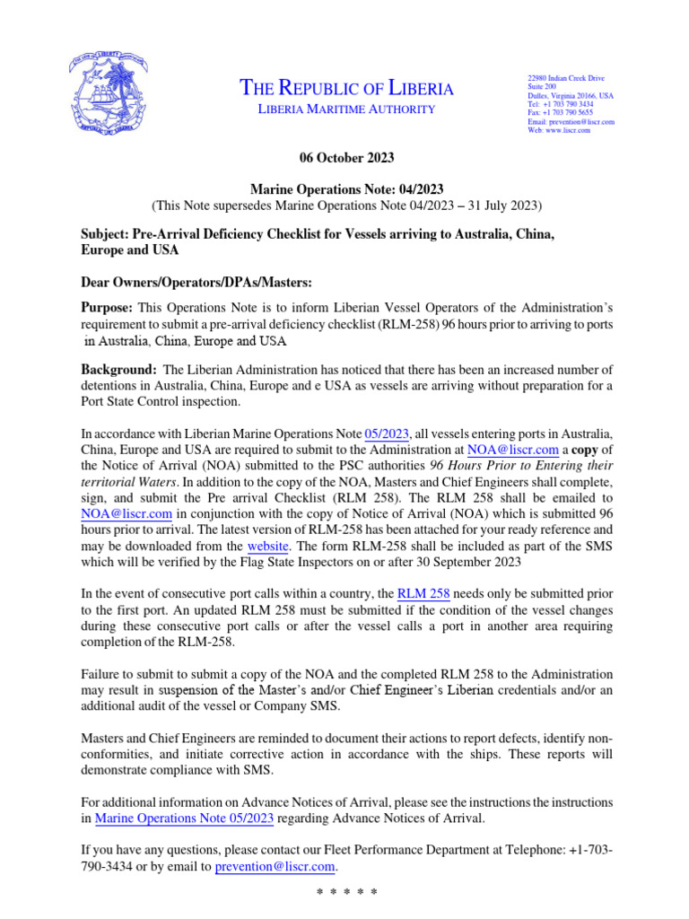 Marine Operations Note - 04 2023 Pre Arrival Checklist v1 | PDF