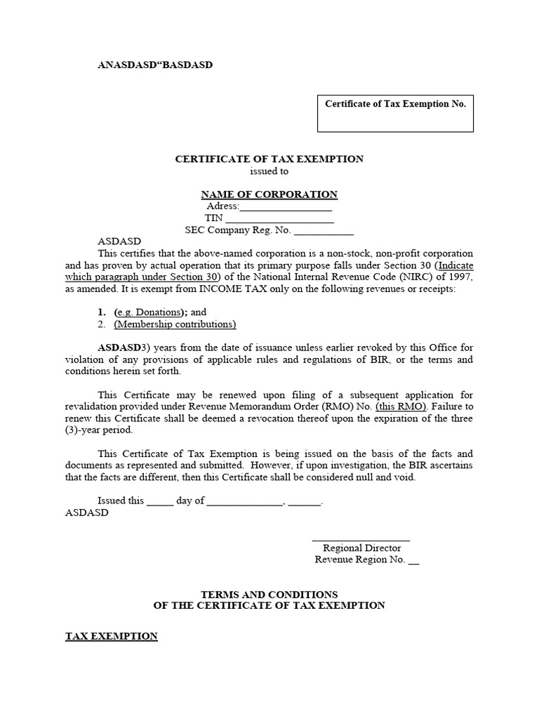 Certificate of Tax Exemption No | PDF | Finance & Money Management