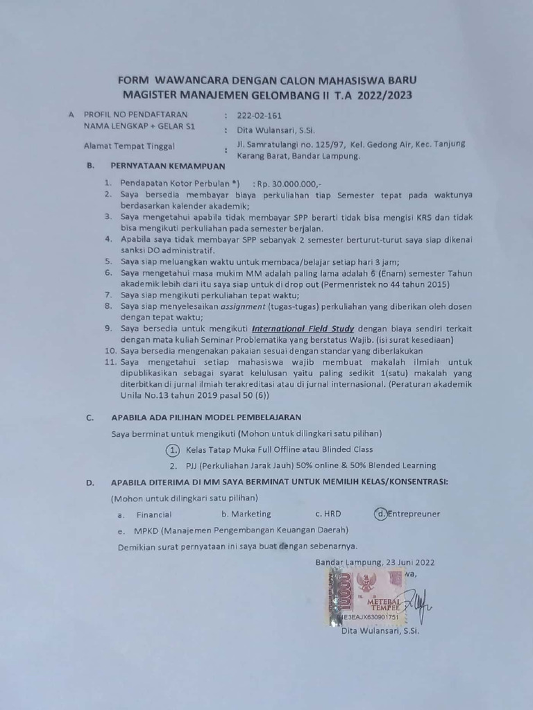 Form S2 MM Unila | PDF