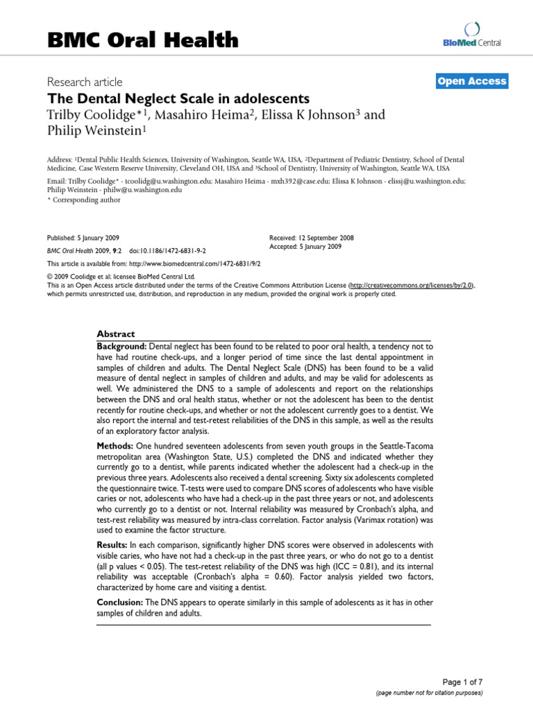 BMC Oral Health: The Dental Neglect Scale in Adolescents | PDF ...