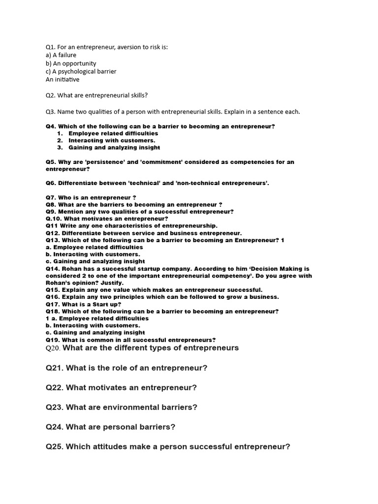 Entrepreneurship Skills Question Bank | PDF | Entrepreneurship | Business
