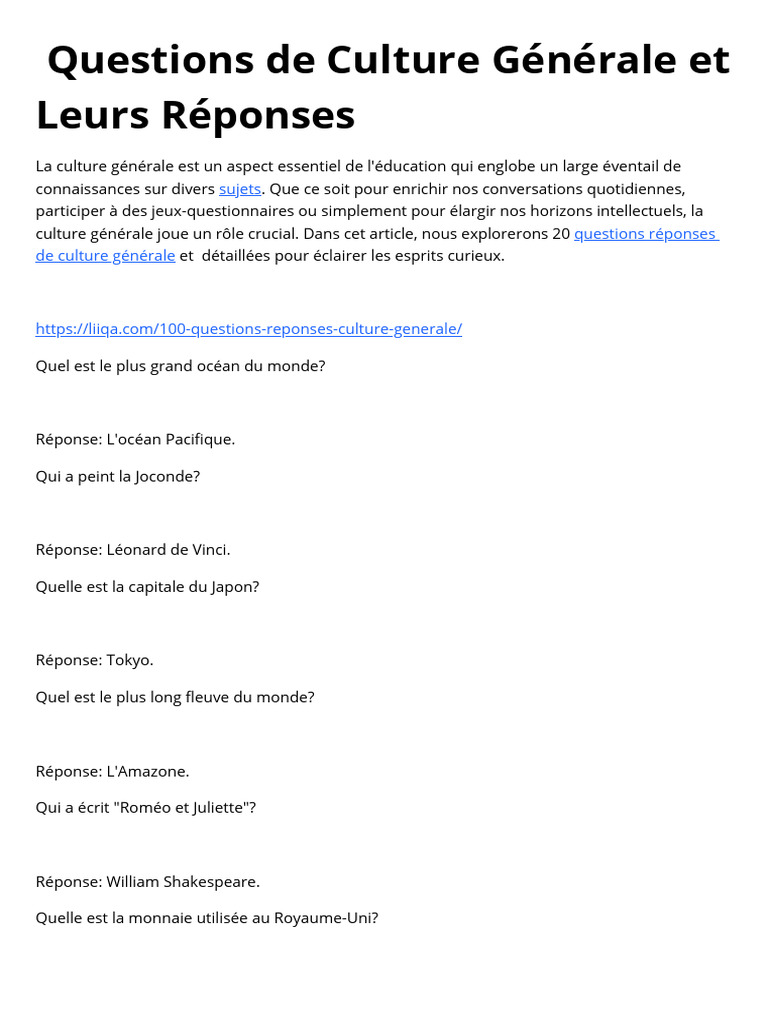 20 Questions de Culture Générale 2023 | PDF