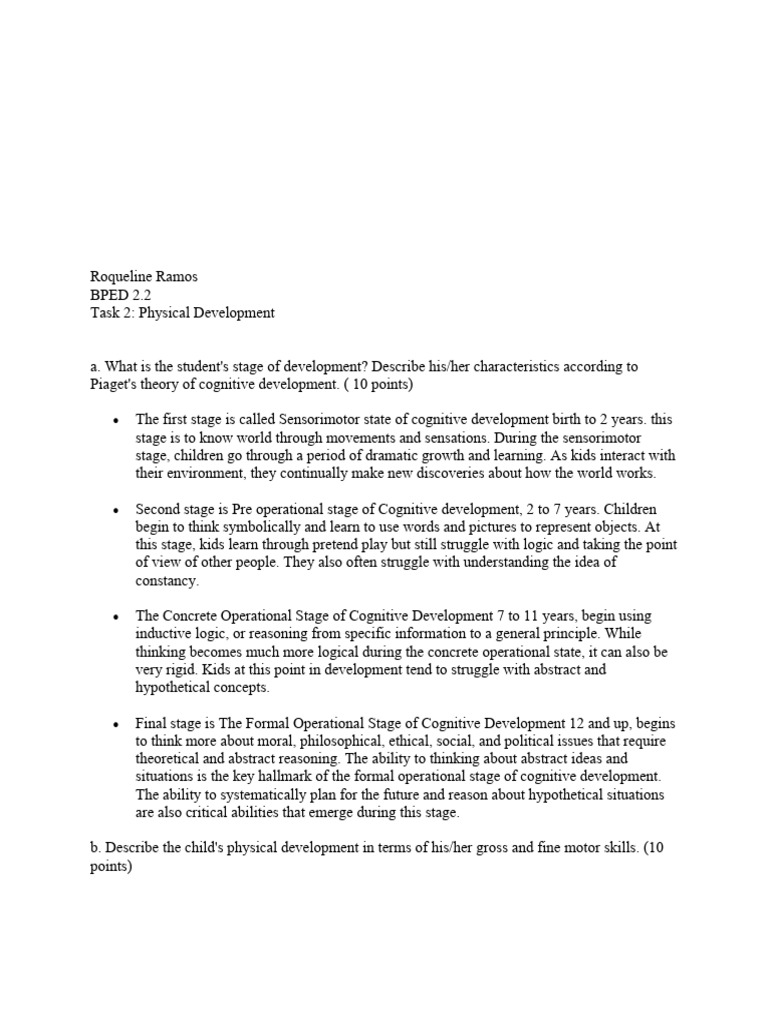 Task 2 Physical Development Copy | PDF | Cognitive Development | Behavioural Sciences