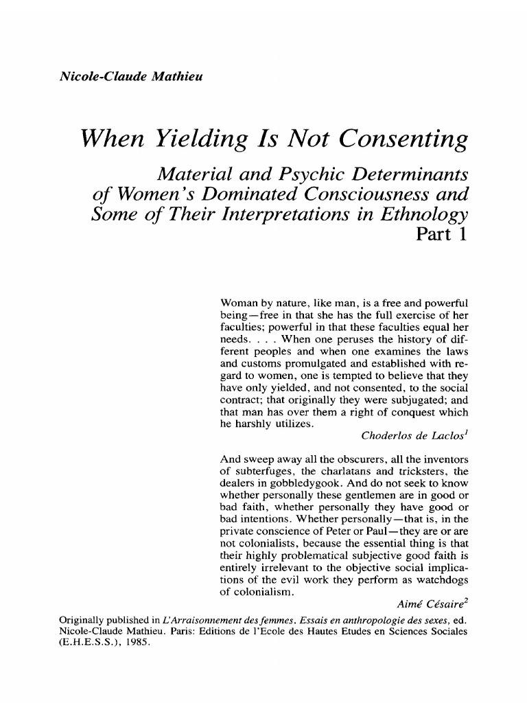 Nicole-Claude Mathieu 1985 When Yielding Is Not Consenting Part 1 | PDF
