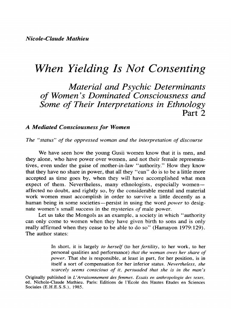 Nicole-Claude Mathieu 1985 When Yielding Is Not Consenting Part 2 | PDF