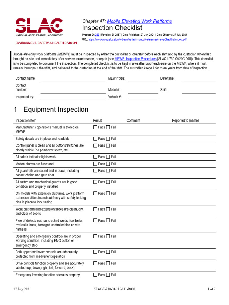 Mewp Checklist Inspect | PDF