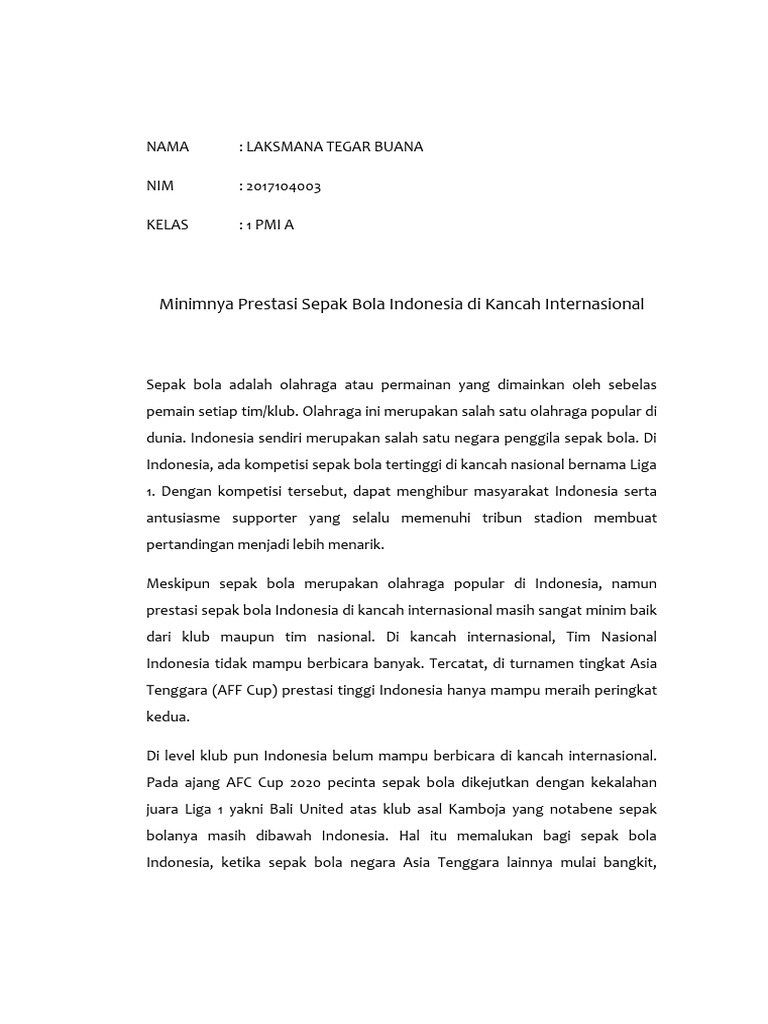 Minimnya Prestasi Tim Nasional Sepak Bola Indonesia Di Kancah Internasional | PDF