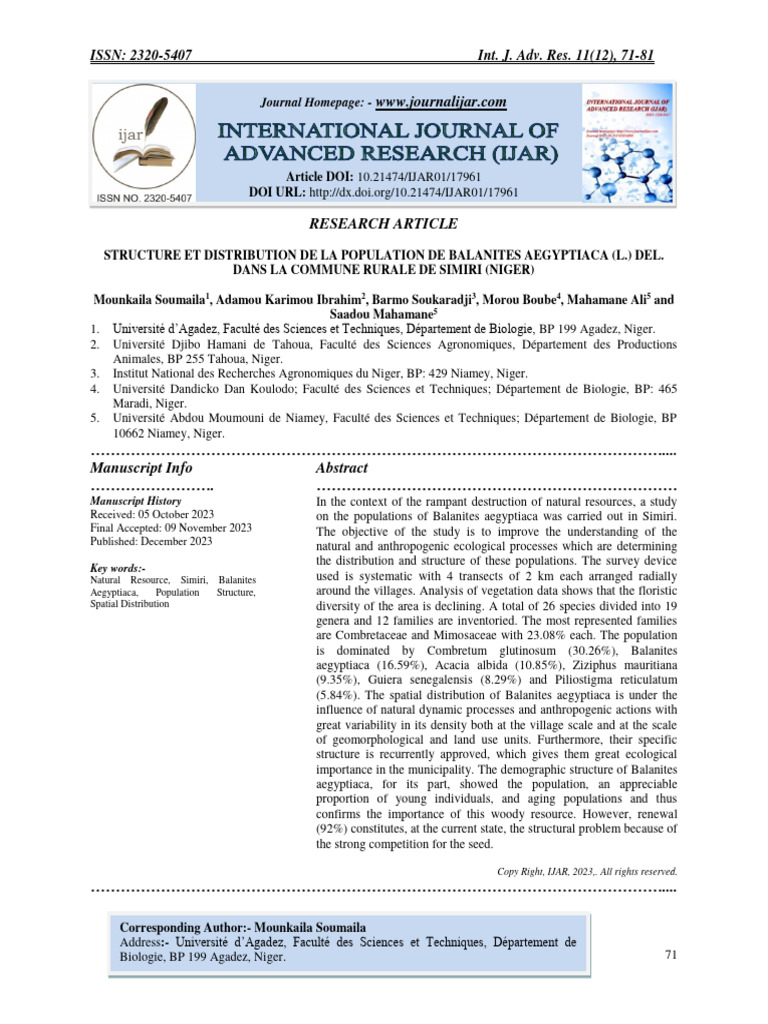 Structure Et Distribution de La Population de Balanites Aegyptiaca (L ...