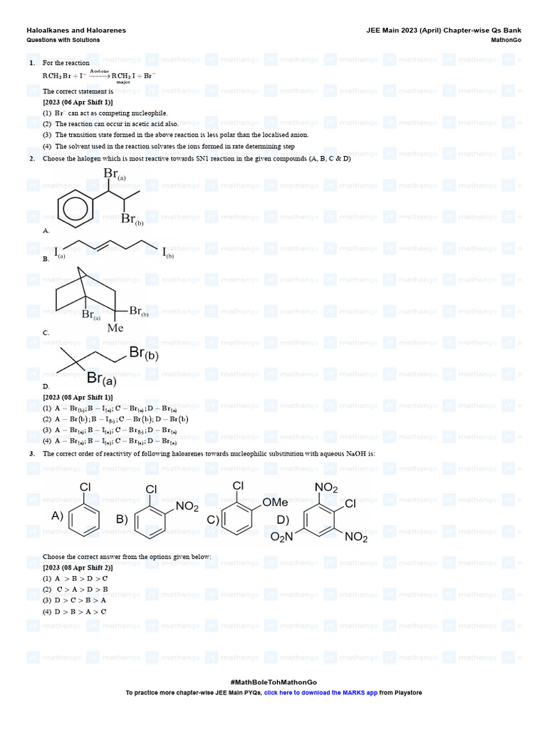 Haloalkanes and Haloarenes - JEE Main 2023 April Chapterwise PYQ ...