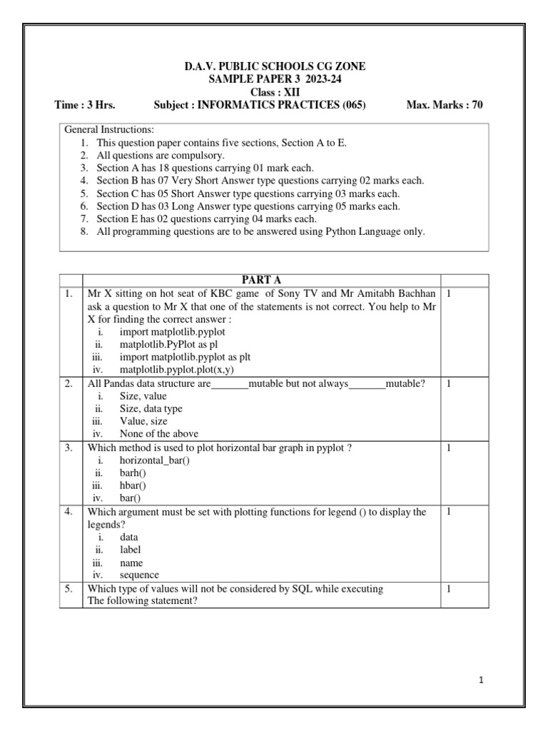 D.A.V. Public Schools CG Zone SAMPLE PAPER 3 2023-24 Class: XII Time: 3 Hrs. Subject ...