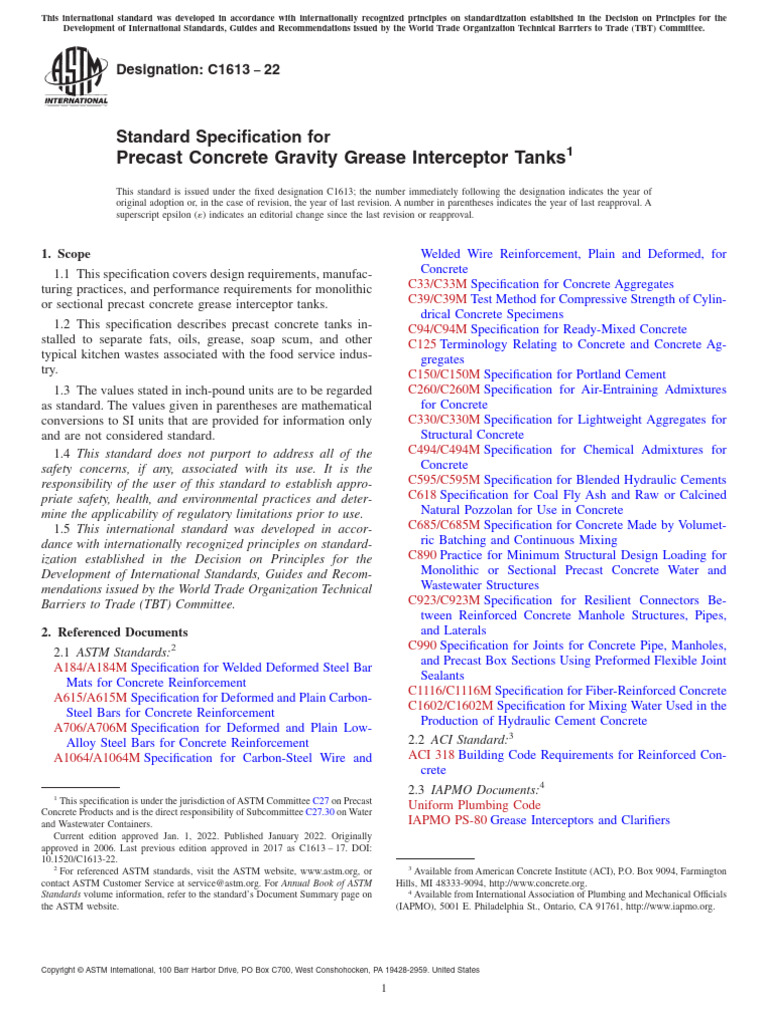 Precast Concrete Gravity Grease Interceptor Tanks: Standard ...