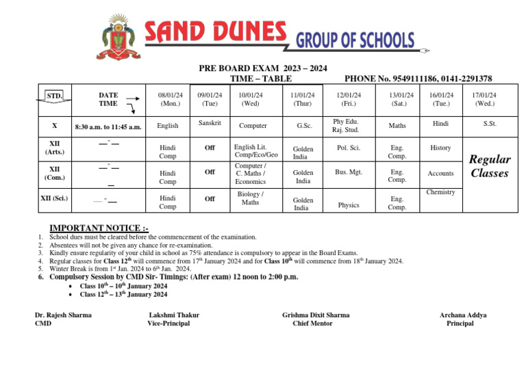1st Pre-Board Exam Time Table 2023-24 | PDF