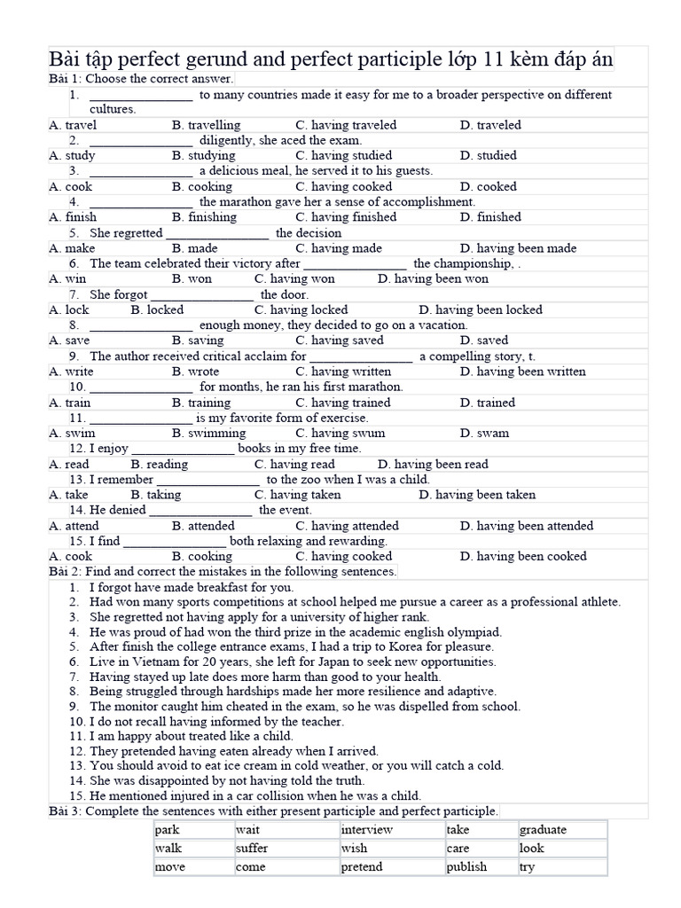 Bài Tập Perfect Gerund & Participle Lớp 11 | PDF | Language Arts ...