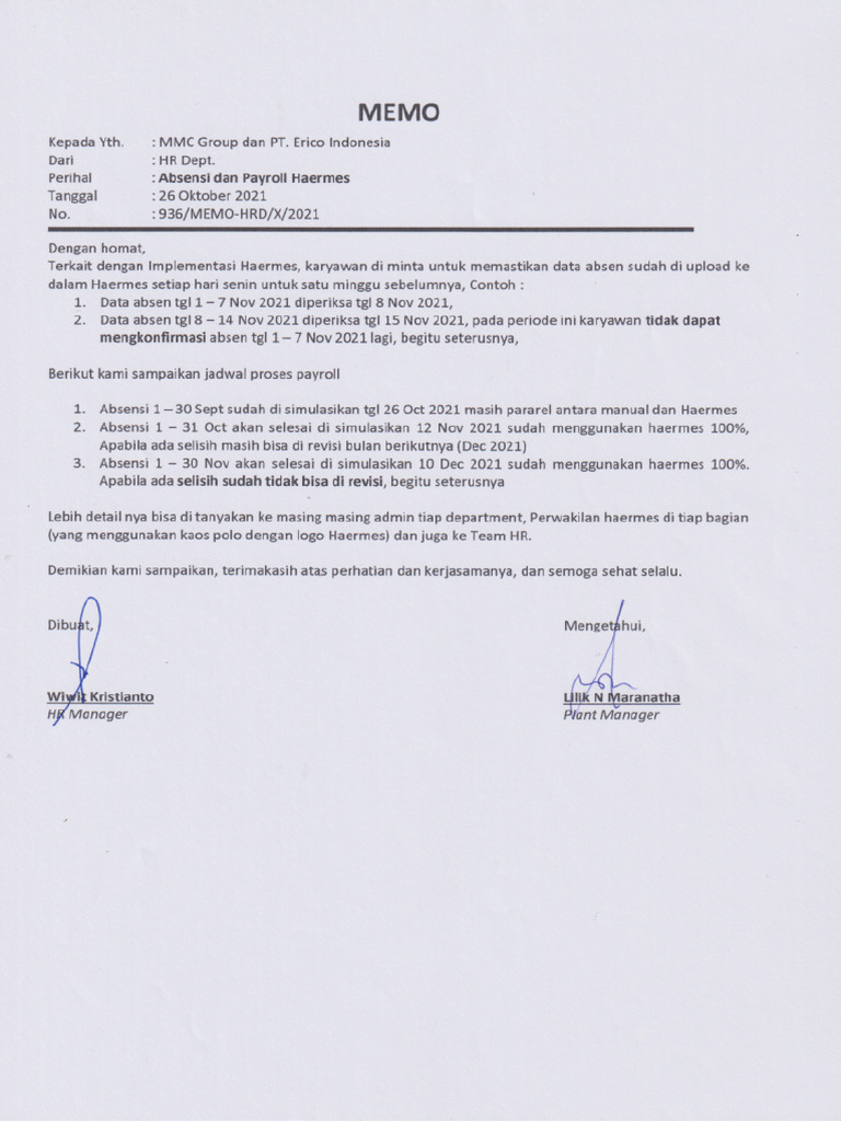 Memo Absensi Dan Payroll Haermes | PDF