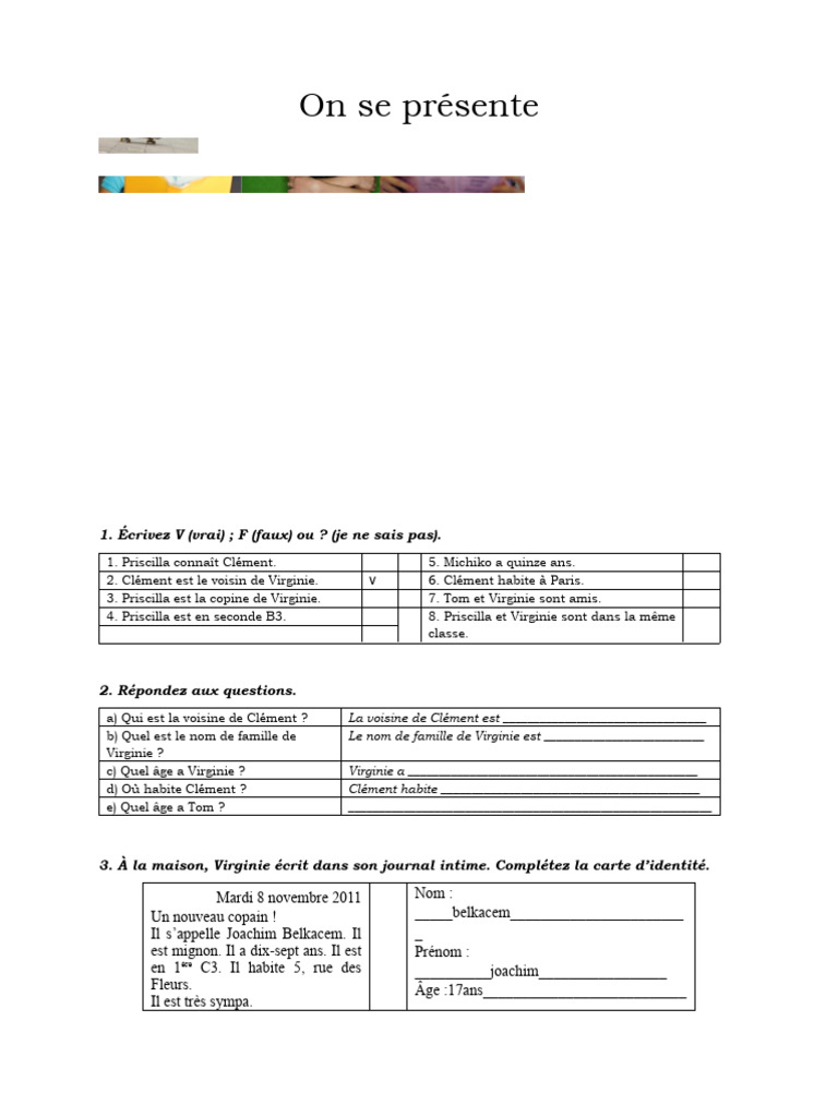 On Se Presente Comprehension Orale Feuille Dexercices 34387 | PDF