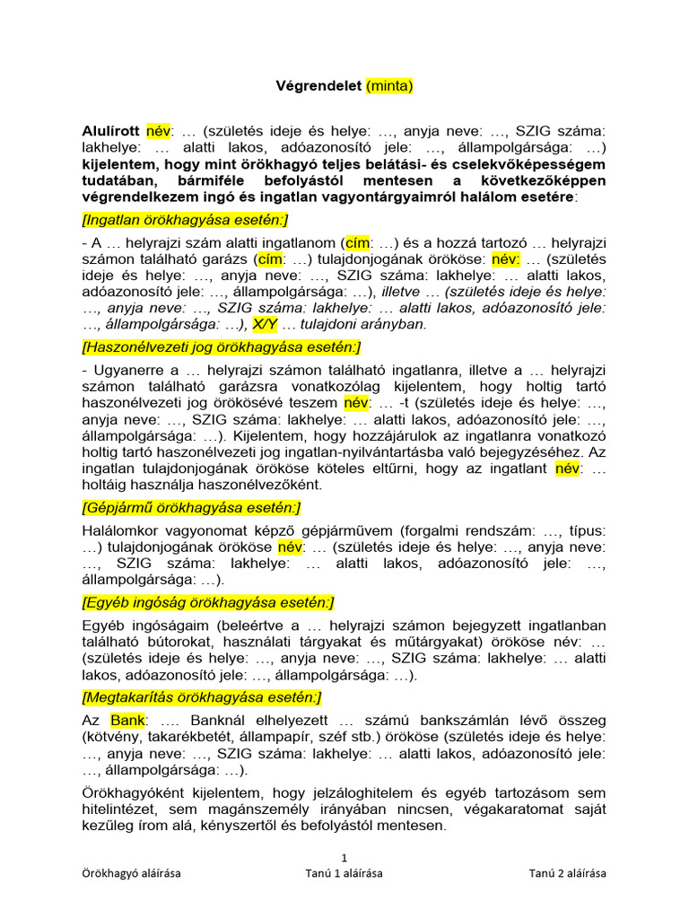 Vegrendelet Minta Word Formatumban 2022 | PDF