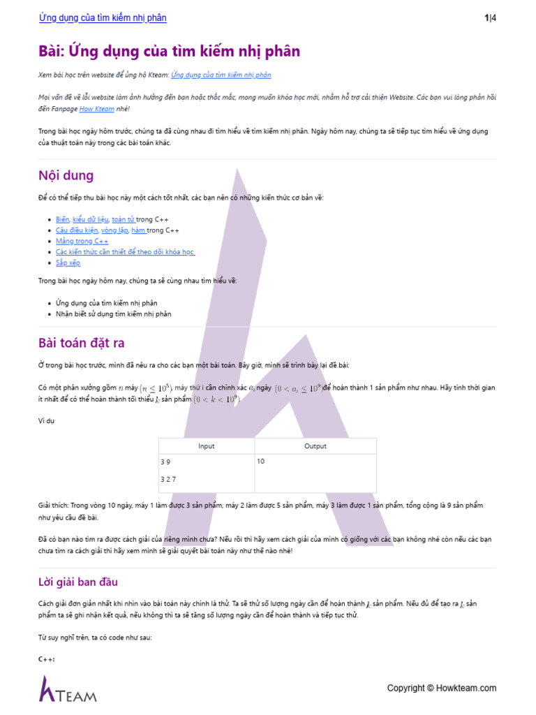 HOWKTEAM.vn - Ứng Dụng Của Tìm Kiếm Nhị Phân | PDF