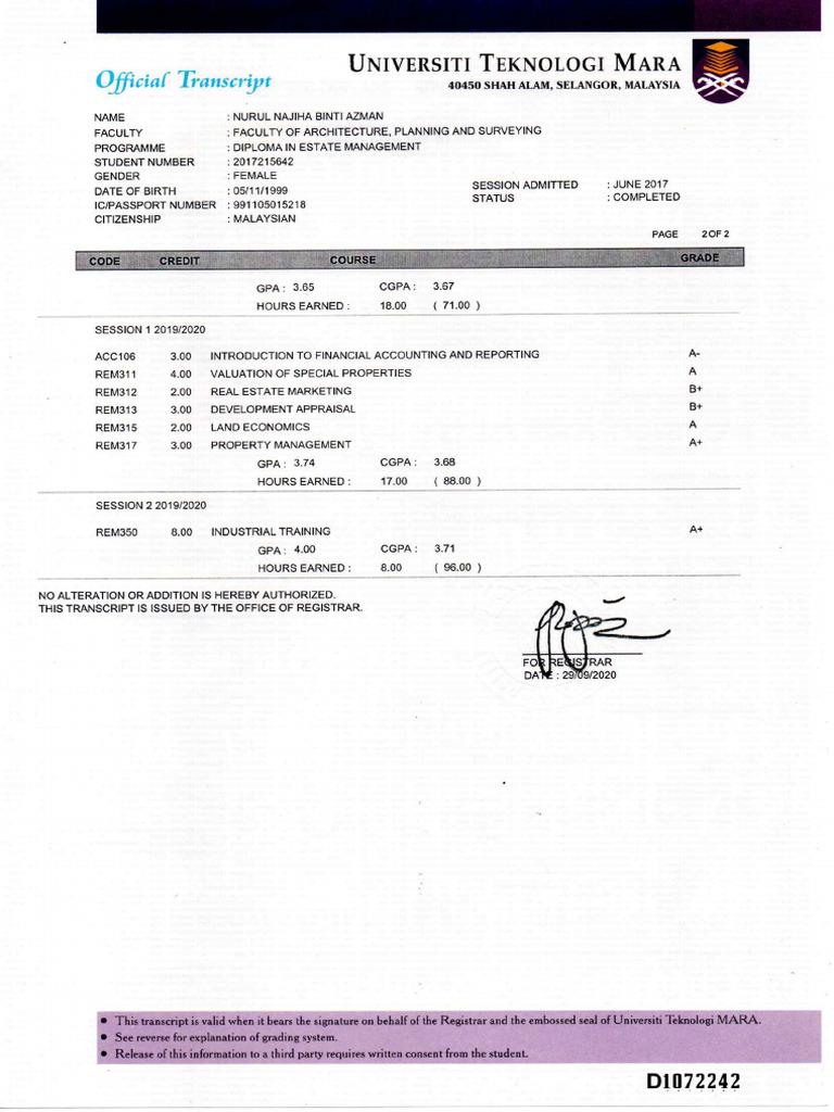 Official Transcript 2 | PDF