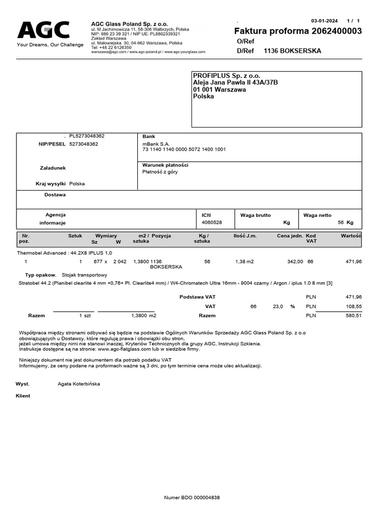 Faktura Proforma 2062400003: D/Ref O/Ref 1136 Bokserska | PDF