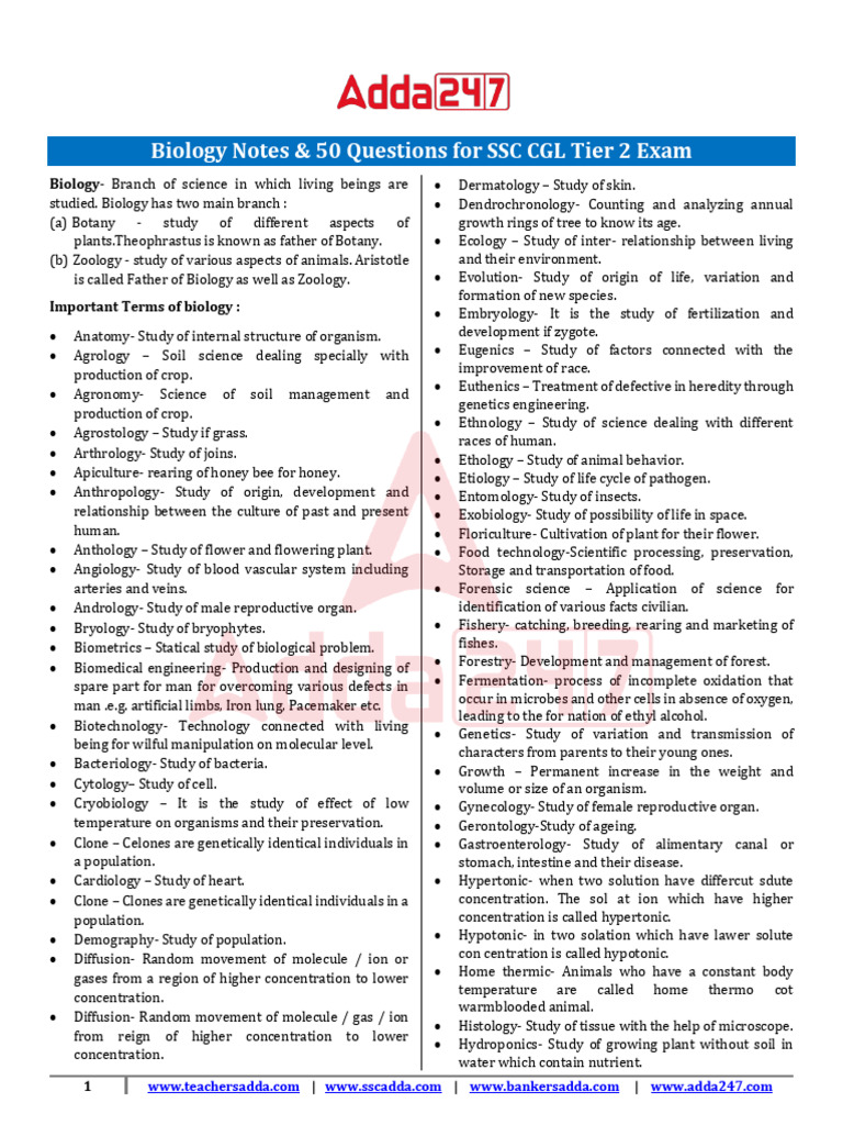 Biology Short Notes | PDF | Science & Mathematics
