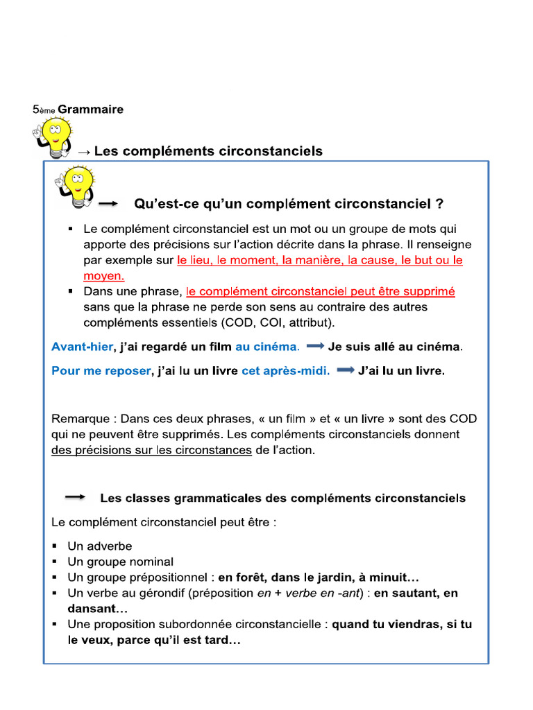 Leçon 5e - Les Compléments Circonstanciels | PDF