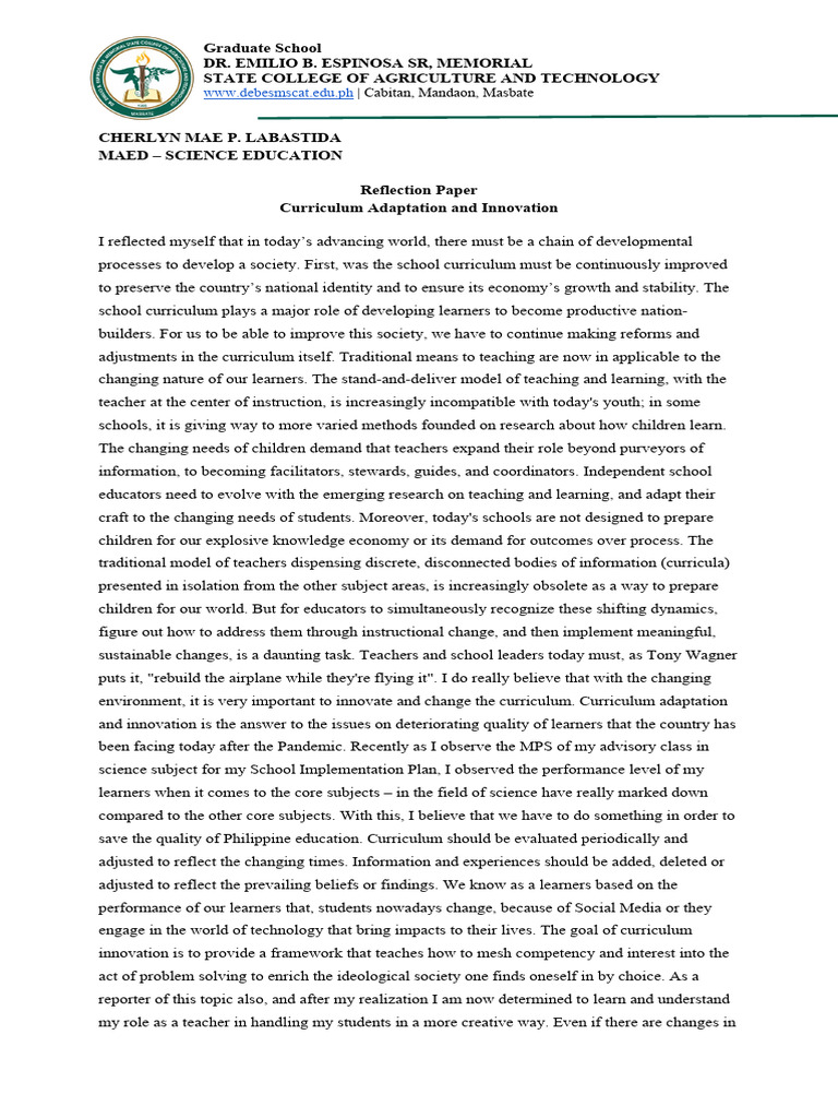 Reflection Paper On Curriculum Adaptation and Innovation | PDF
