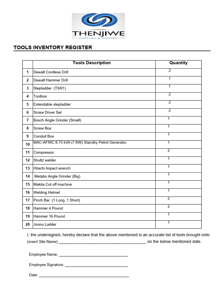 Tools Inventory Register New_0 | PDF