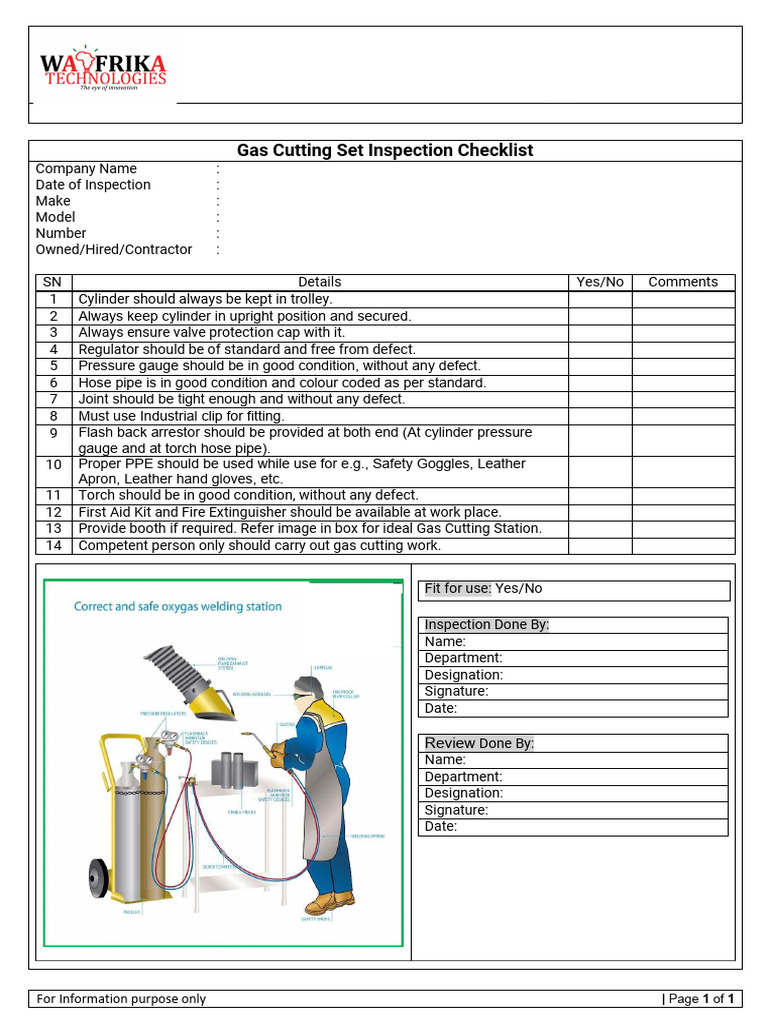 Gas Cutting Set Safety Inspection Checklist | PDF