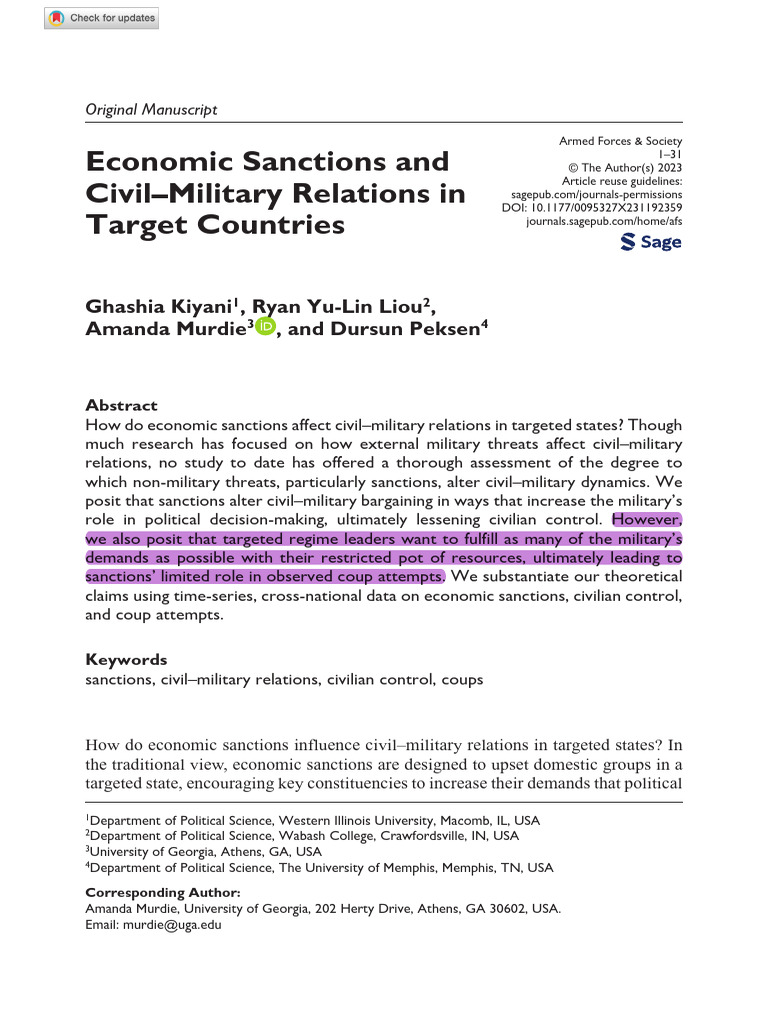 Kiyani Et Al 2023 Economic Sanctions and Civil Military Relations in Target Countries | PDF ...