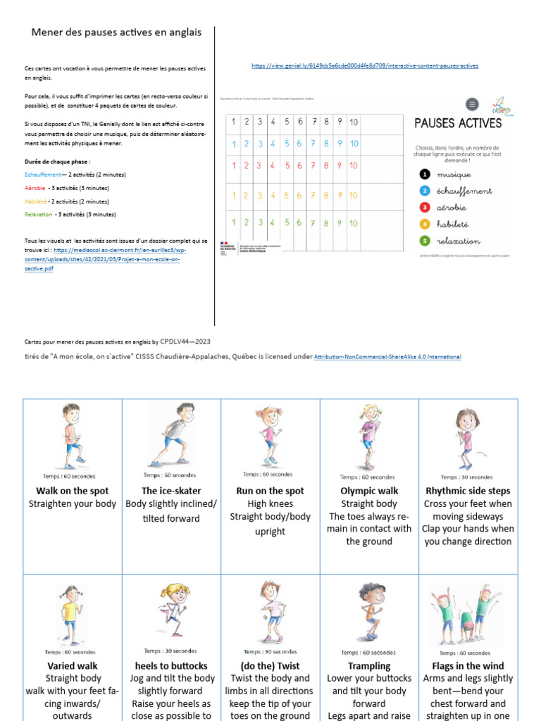 Cartes Pour Mener Des Pauses Actives en Anglais Version Relue | PDF ...