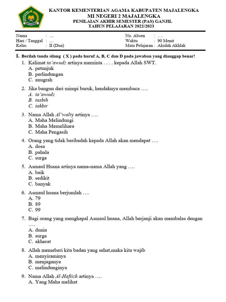 Soal Akidah KELAS 2 | PDF