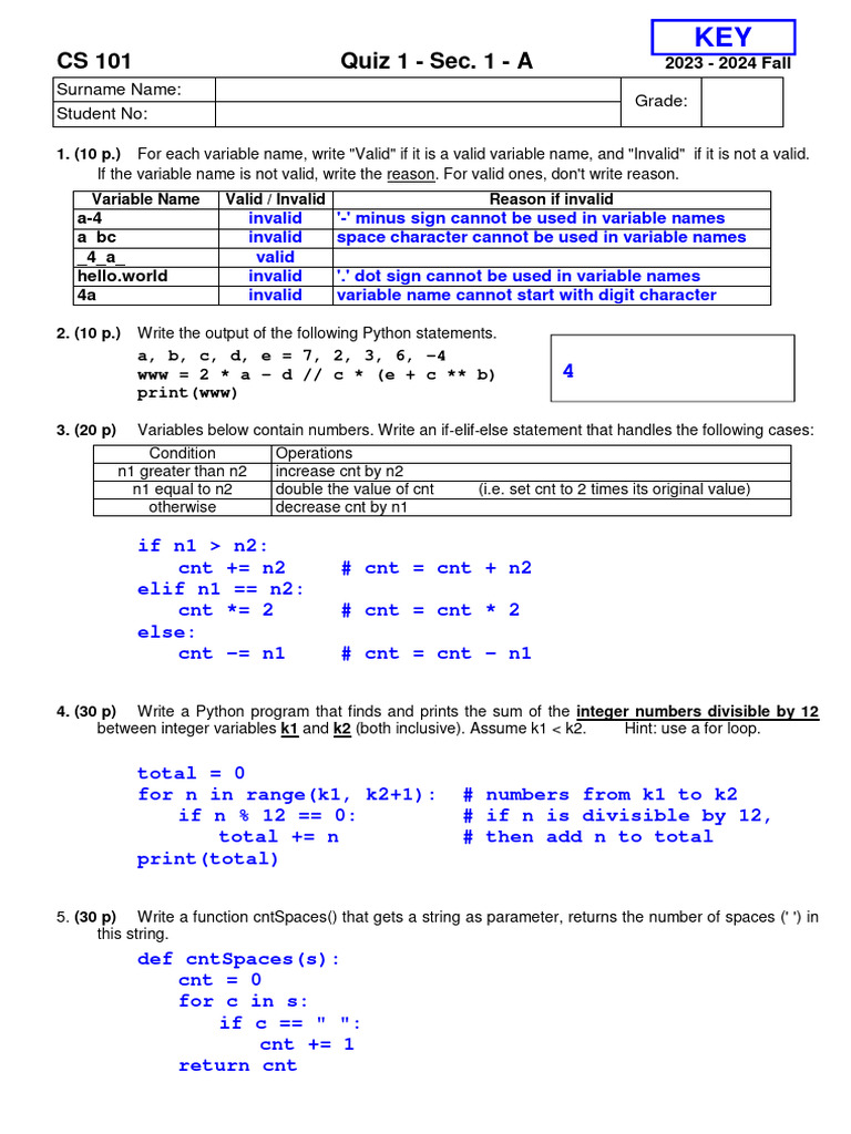 CS101 Quiz1 Sec1 2 Sol | PDF