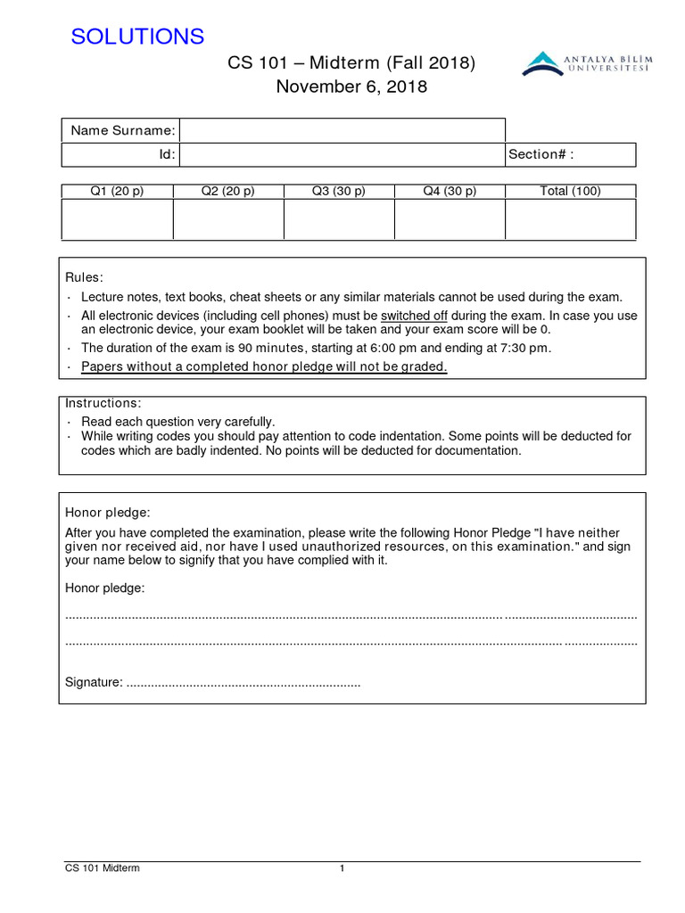 CS101 Midterm 2018 Fall Sol | PDF