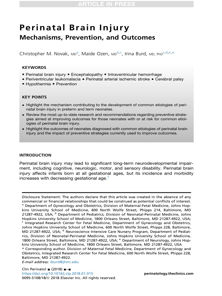 Perinatal Brain Injury. Mechanisms, Prevention, and Outcomes | PDF