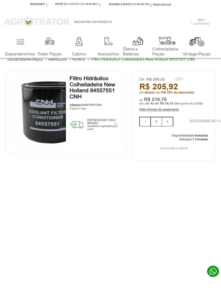 Filtro Hidráulico Colheitadeira New Holland 84557551 CNH - Agrotrator | PDF