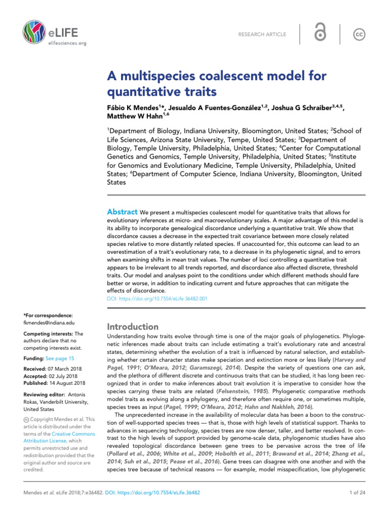 A Multispecies Coalescent Model For Quantitative Traits | PDF ...