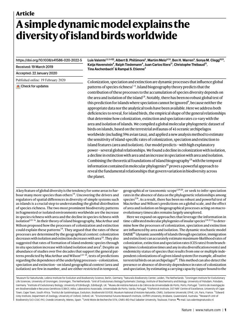 A simple dynamic model explains the diversity of island birds worldwide ...