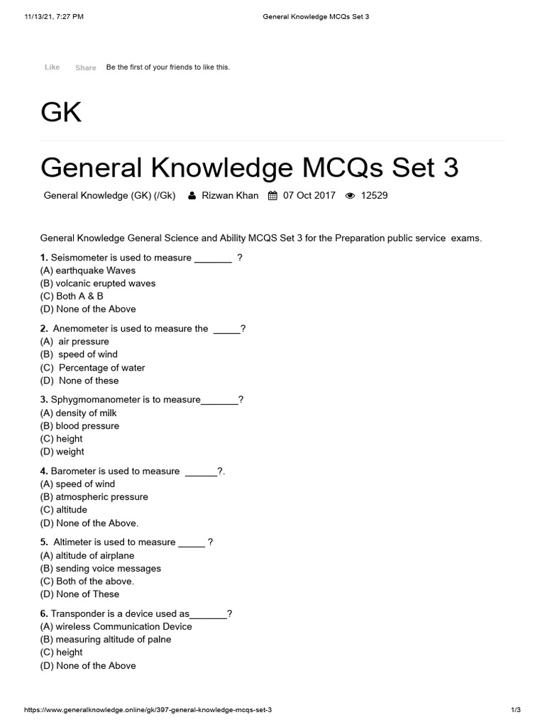 General Knowledge MCQs Set 3 | PDF | Altitude | Atmospheric Pressure