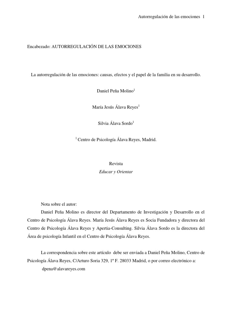 Artículo La Auto Regulación De Las Emociones 2 Pdf Las