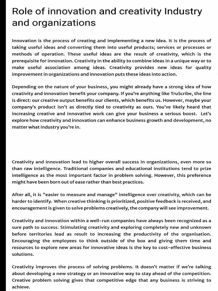 role of innovation and creativity industry and organisation | PDF