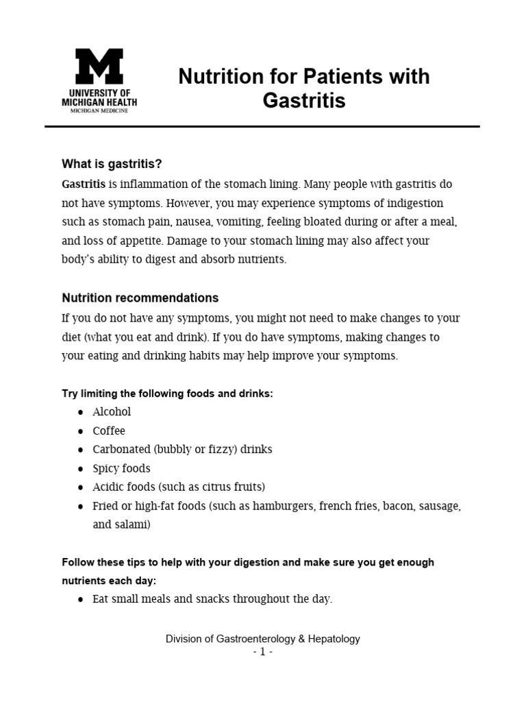 Nutrition For Patients With Gastritis | PDF